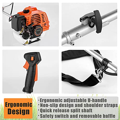 58CC Gas String Trimmer 2-Cycle Gas Brush Cutter Straight Shaft 4 in 1 Cordless Grass Edger Weed Wacker Gasoline Powered Weed Eater with 4 Detachable Heads for Lawn and Garden Care-Orange