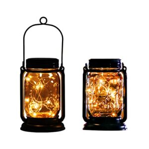 hanging solar lights outdoor – 2 pack solar powered waterproof landscape christmas lanterns with retro design for patio, yard, garden and pathway decoration (warm light)