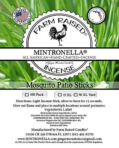 Mosquito Outdoor Patio Sticks - Farm Raised Candles MINTRONELLA - U.S.A. Made - 100 Pack - No See Um - Gnats - Fly Outdoor Incense Bug Sticks. Citronella + Peppermint - Lavender Oil