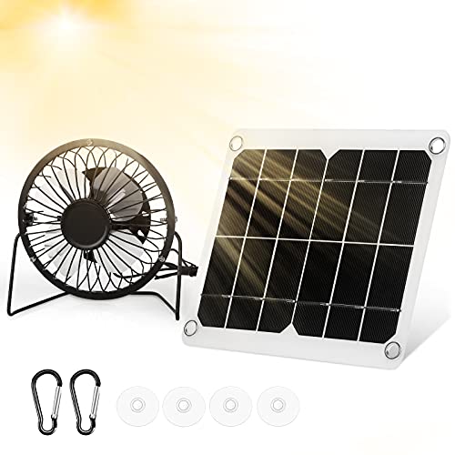 Roceei 10W 4 Inch Mini Solar Panel Powered Fan Outdoor Double USB Solar Panel and USB Solar Panel Fan Waterproof Mini Portable Cooling Fan for Greenhouse Home Dog Chicken House Car Ventilation System