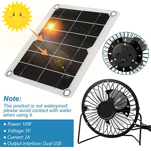 Roceei 10W 4 Inch Mini Solar Panel Powered Fan Outdoor Double USB Solar Panel and USB Solar Panel Fan Waterproof Mini Portable Cooling Fan for Greenhouse Home Dog Chicken House Car Ventilation System