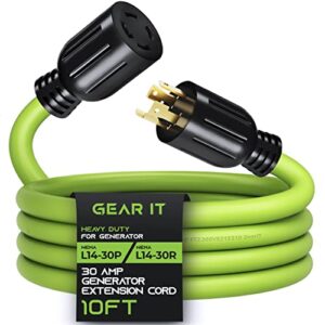 gearit 30-amp generator extension cord (10 feet) 4-prong 120/250-volt 7500w, nema l14-30p/l l14-30r, 10 gauge sjtw locking power cord for manual transfer switch, portable generators, power outage 10ft