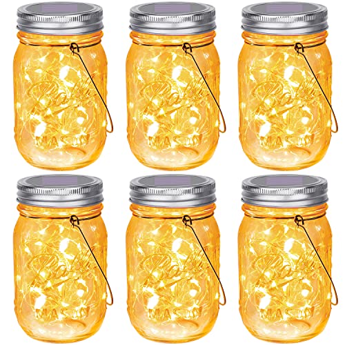 【Upgraded】Hanging Mason Jar Solar Lights, 6 Pack 30 LEDs Fairy Lights with Jars and Hangers, IPX6 Waterproof Hanging Solar Lights Outdoor, Solar Lanterns for Balcony Backyard Garden Fence Decor