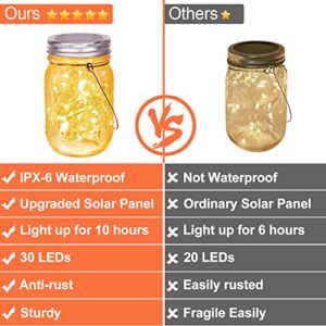 【Upgraded】Hanging Mason Jar Solar Lights, 6 Pack 30 LEDs Fairy Lights with Jars and Hangers, IPX6 Waterproof Hanging Solar Lights Outdoor, Solar Lanterns for Balcony Backyard Garden Fence Decor