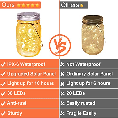 【Upgraded】Hanging Mason Jar Solar Lights, 6 Pack 30 LEDs Fairy Lights with Jars and Hangers, IPX6 Waterproof Hanging Solar Lights Outdoor, Solar Lanterns for Balcony Backyard Garden Fence Decor