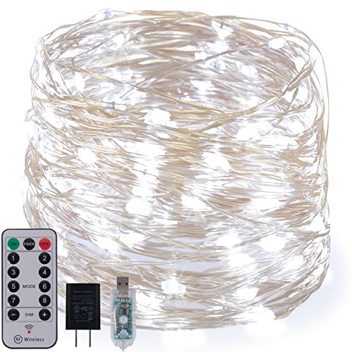 Gardenvy Fairy Lights Plug in, 66ft 200 Mini LEDs String Lights with RF Remote Control, UL Adaptor Included, USB Starry Lights for Christmas Garden Party Indoor Decor, Silver Wire, Cool White