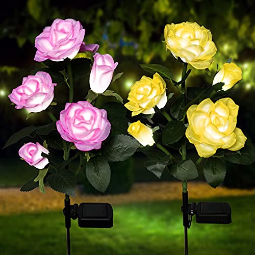 AMZQUE Solar Lights Outdoor Decorative, 2 Packs Solar Garden Light with 10 Rose Flowers, Solar Flowers Lights Outdoor Garden Waterproof Decor for Garden Patio Yard Pathway (Yellow & Pink)