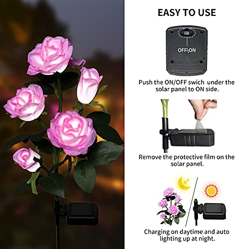 AMZQUE Solar Lights Outdoor Decorative, 2 Packs Solar Garden Light with 10 Rose Flowers, Solar Flowers Lights Outdoor Garden Waterproof Decor for Garden Patio Yard Pathway (Yellow & Pink)