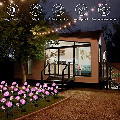 AMZQUE Solar Lights Outdoor Decorative, 2 Packs Solar Garden Light with 10 Rose Flowers, Solar Flowers Lights Outdoor Garden Waterproof Decor for Garden Patio Yard Pathway (Yellow & Pink)