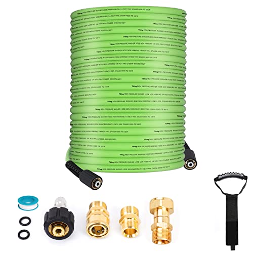 Pressure Washer Hose 1/4", Kink Free Swivel M22 14mm Thread High Pressure Replacement Hose, Flexible Extension Hose with 3/8 Quick Connect Adapters for Power Washing, 4000 PSI