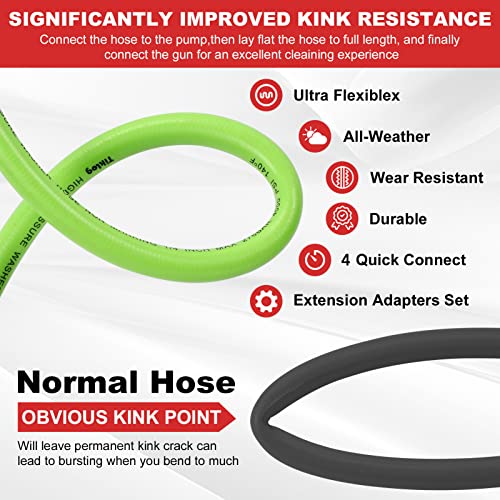 Pressure Washer Hose 1/4", Kink Free Swivel M22 14mm Thread High Pressure Replacement Hose, Flexible Extension Hose with 3/8 Quick Connect Adapters for Power Washing, 4000 PSI