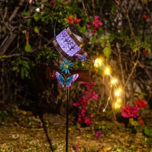 nemophilist solar watering can lights, metal garden decor with warm string lights outdoor waterproof stakes lights for yard, patio, sidewalk, pathway, backyard