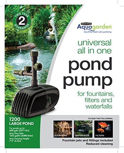 Pennington Aquagarden , Universal 1200 All in One Submersible Pond & Water Pump , Suitable for Fountains, Filters, Waterfalls, Hydroponics & Aquaponics , For Ponds up to 600 Gallons, 1200 - large pond