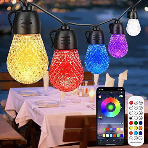 Gaoxun 49ft Outdoor String Lights, Smart RGBW Patio Lights with 15 Dimmable IP66 Waterproof Bulbs, APP and Remote Control, 8 Dynamic Modes, Color Changing LED Lights for Party Backyard Balcony Garden