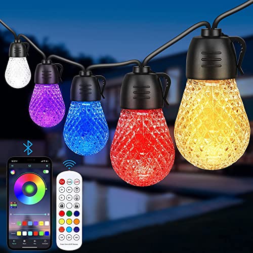 Gaoxun 49ft Outdoor String Lights, Smart RGBW Patio Lights with 15 Dimmable IP66 Waterproof Bulbs, APP and Remote Control, 8 Dynamic Modes, Color Changing LED Lights for Party Backyard Balcony Garden