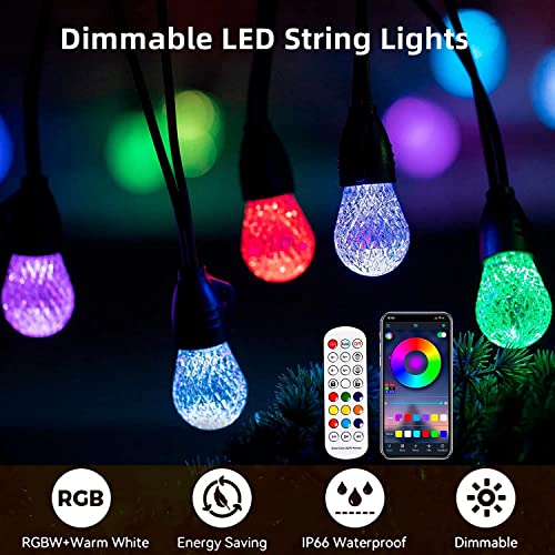 Gaoxun 49ft Outdoor String Lights, Smart RGBW Patio Lights with 15 Dimmable IP66 Waterproof Bulbs, APP and Remote Control, 8 Dynamic Modes, Color Changing LED Lights for Party Backyard Balcony Garden