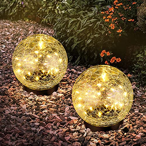 2-Pack Garden Solar Lights Decorative, Cracked Glass Solar Globe Lights Outdoor 30 LEDs, Waterproof Ball Lights for Yard Patio Lawn Pathway Walkway Halloween Christmas Outside Decor, 4.72", Warm White