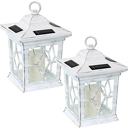 Sunnydaze Lucien Outdoor Solar LED Decorative Candle Lantern - Rustic Farmhouse Decor for Patio, Porch, Deck and Garden - Tabletop and Hanging Outside Light - Set of 2 - White - 9-Inch