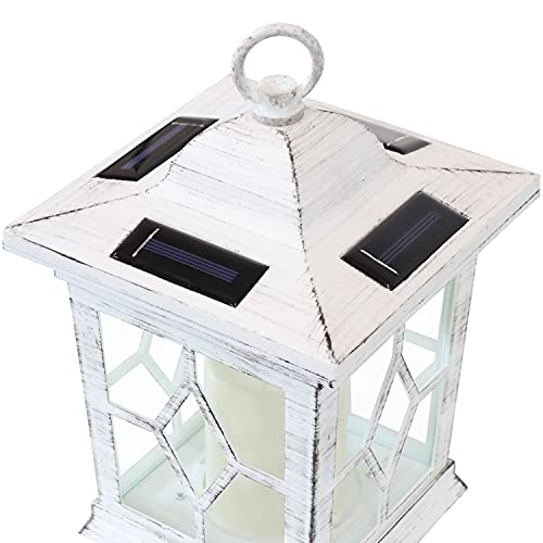 Sunnydaze Lucien Outdoor Solar LED Decorative Candle Lantern - Rustic Farmhouse Decor for Patio, Porch, Deck and Garden - Tabletop and Hanging Outside Light - Set of 2 - White - 9-Inch