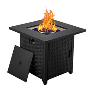 28 inch outdoor fire pit table , 50,000 btu wicker patio fire pit table,faux wood tabletopt, outside garden backyard deck patio by hanliko-black