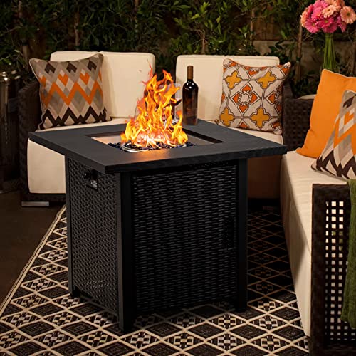 28 Inch Outdoor Fire Pit Table , 50,000 BTU Wicker Patio Fire Pit Table,Faux Wood Tabletopt, Outside Garden Backyard Deck Patio by HANLIKO-Black