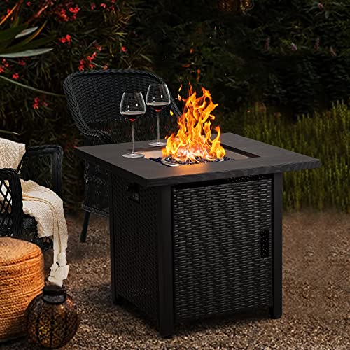 28 Inch Outdoor Fire Pit Table , 50,000 BTU Wicker Patio Fire Pit Table,Faux Wood Tabletopt, Outside Garden Backyard Deck Patio by HANLIKO-Black