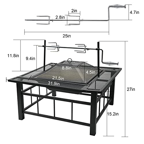 32 Inch Fire Pit Table with Swivel Grill for Outside, Large Square Outdoor Wood Burning Firepit with BBQ Grill Grate, Mesh Spark, Log Grate, Poker for Backyard Garden Patio Camping Picnic