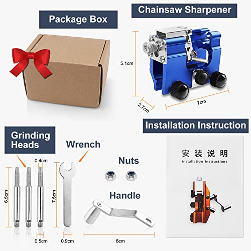 Dawitrly Chainsaw Sharpener Kit, Portable Aluminum Alloy Chain Saw Blade Sharpening Jig Tool with Hand Crank and 3Pcs Grinding Heads Suitable for Electric Saws Lumberjack, Garden Worker Blue