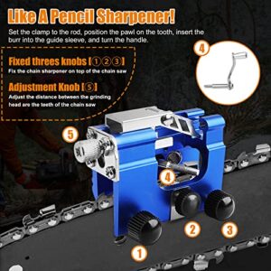 Dawitrly Chainsaw Sharpener Kit, Portable Aluminum Alloy Chain Saw Blade Sharpening Jig Tool with Hand Crank and 3Pcs Grinding Heads Suitable for Electric Saws Lumberjack, Garden Worker Blue