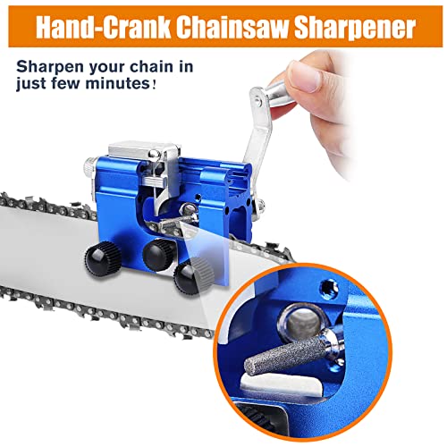 Dawitrly Chainsaw Sharpener Kit, Portable Aluminum Alloy Chain Saw Blade Sharpening Jig Tool with Hand Crank and 3Pcs Grinding Heads Suitable for Electric Saws Lumberjack, Garden Worker Blue