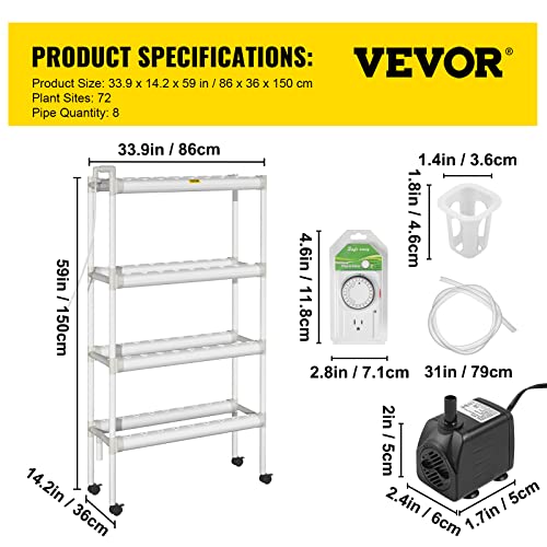 VEVOR Hydroponics Growing System, 72 Sites 8 Food-Grade PVC-U Pipes, 4 Layers Indoor Planting Kit with Water Pump, Timer, Nest Basket, Sponge, for Fruits, Vegetables, Herbs, White