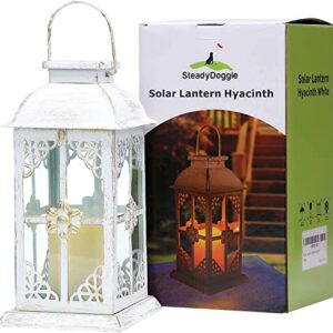 Solar Lantern Outdoor Hyacinth White Decor Antique Metal and Glass Construction Mission Solar Garden Lantern Indoor and Outdoor Solar Hanging Lantern Entirely Solar Powered Lantern of Low Maintenance