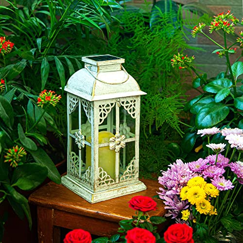 Solar Lantern Outdoor Hyacinth White Decor Antique Metal and Glass Construction Mission Solar Garden Lantern Indoor and Outdoor Solar Hanging Lantern Entirely Solar Powered Lantern of Low Maintenance