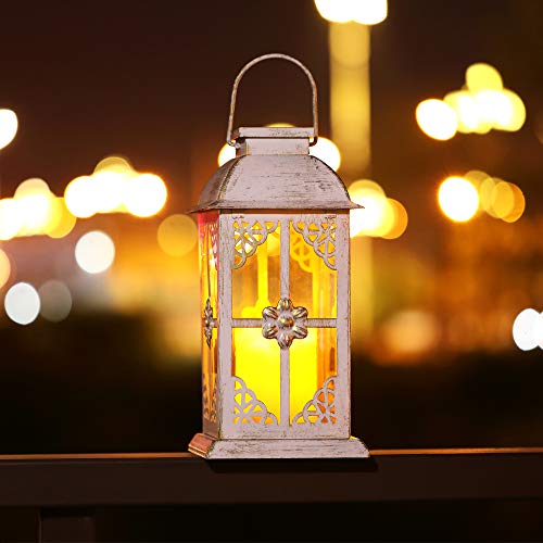 Solar Lantern Outdoor Hyacinth White Decor Antique Metal and Glass Construction Mission Solar Garden Lantern Indoor and Outdoor Solar Hanging Lantern Entirely Solar Powered Lantern of Low Maintenance