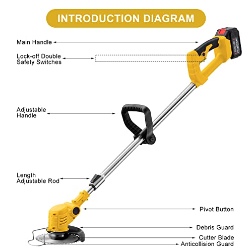 Electric Weed Wacker String Trimmer, 3 in 1 Cordless Weed Eater Lawn Grass Edger with 2 Batteries & 1 Quick Charger for Garden and Yard (Yellow)