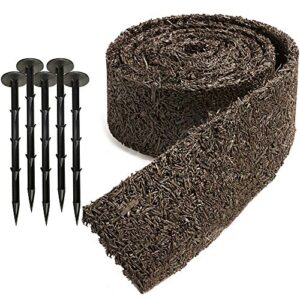 black rubber mulch border for landscaping, 120” x 4.5” roll, natural-looking permanent garden barrier for plants, vegetables, and flowers, recycled and sustainable, 15 plastic anchors included