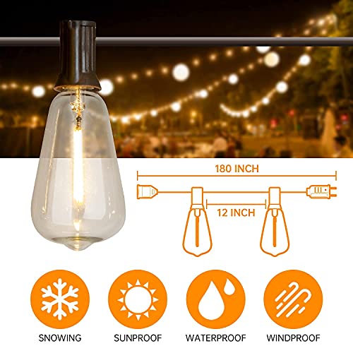 Vanthylit Outdoor String Light 15FT Patio String Lights with LED Filament Bulb Waterproof Lights Retro Vintage Edison Bulbs for Backyard Patio Bistro Party Garden Connectable