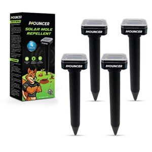 p-ouncer solar mole repellent (4 pack): ultrasonic pest repeller for rats, mice, voles and gophers, waterproof solar powered stakes for garden and yard, outdoor snake deterrent, humane pest control