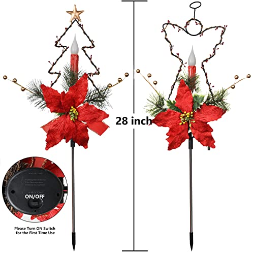 Artiflr 2 Pack Outdoor Christmas Solar Stake Lights, LED Solar Powered Candle Angel Christmas Tree Ligth with Artificial Poinsettia Gold Berry and Pine Needles Decorative Lawn Yard Garden Stake