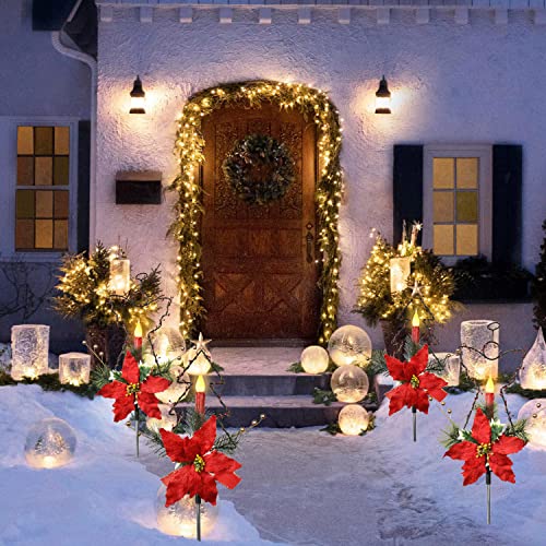 Artiflr 2 Pack Outdoor Christmas Solar Stake Lights, LED Solar Powered Candle Angel Christmas Tree Ligth with Artificial Poinsettia Gold Berry and Pine Needles Decorative Lawn Yard Garden Stake