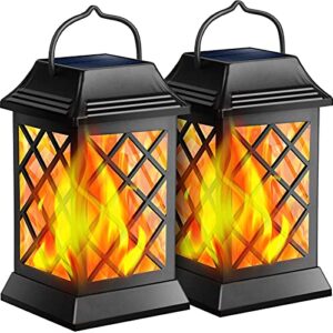 tomcare solar lights outdoor flickering flame metal solar lantern outdoor hanging decorative lanterns heavy duty waterproof umbrella decorations lighting for patio garden deck yard, 2 pack (black)