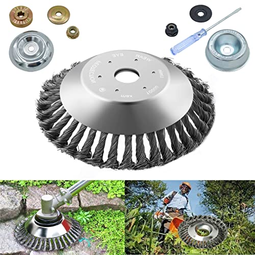 NeJesZoe 8 Inch Steel Wire Brush Cutter Trimmer Head Sets Weeds Blade Cutter Replacement for String Trimmers, Gardening Lawnmower, Moss Grass Rust Removal (1 Brush&2 Pack Different Adapter Kits)