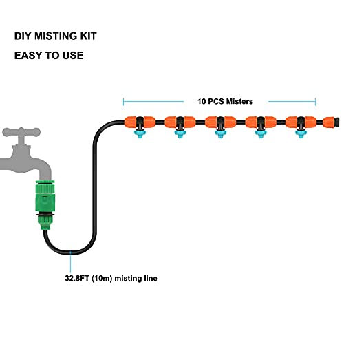 Yulaiyoen Drip Irrigation Kit Misting System, 32.8FT (10M) 3/8 inch Blank Distribution Tubing with 10 Nozzles and 1 Universal Adapter, DIY Patio Misting Cooling Kit