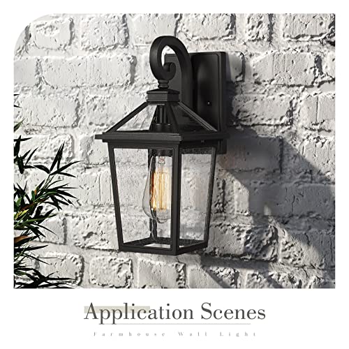 zeyu Farmhouse Outdoor Front Porch Light, 14 Inch Exterior Wall Sconce Light for House Garden, Cast Aluminum with Seeded Glass, Black Finish, ZX58B BK