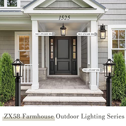 zeyu Farmhouse Outdoor Front Porch Light, 14 Inch Exterior Wall Sconce Light for House Garden, Cast Aluminum with Seeded Glass, Black Finish, ZX58B BK