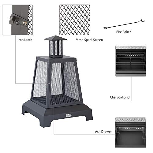 Chimenea Fireplace Outdoor Fireplace Fire Pit Wood Burning Fire Pit Patio Square Iron Fire Pit 27.5" Large Fire Pits Fire Poker Mesh Spark Screen Chimney Charcoal Grid for Garden, Backyard