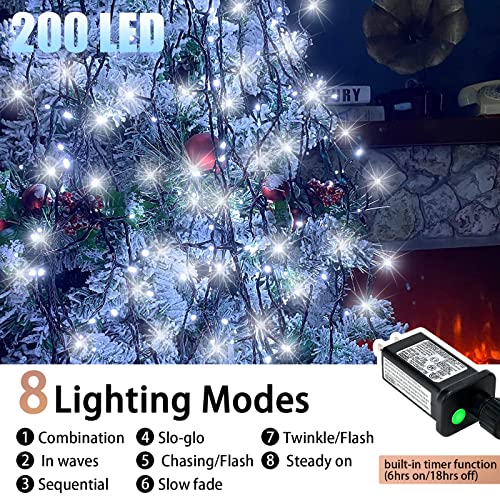 66ft Christmas String Lights, 200 Led Twinkle Fairy Lights String with 8 Modes, Plug in Connectable Fairy String Lights Green Wire, Christmas Decorations for Xmas Tree Party Yard Garden(White)