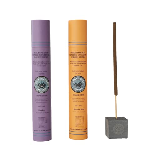 Nantucket Spider Mosquito & Fly Repelling Outdoor Garden Incense Sticks Bundle | 2 Pack (28 Sticks) & Artisanal Stone Block Incense Holder (1ct) | Sun and Sand (14 Sticks) & Meadow (14 Sticks)