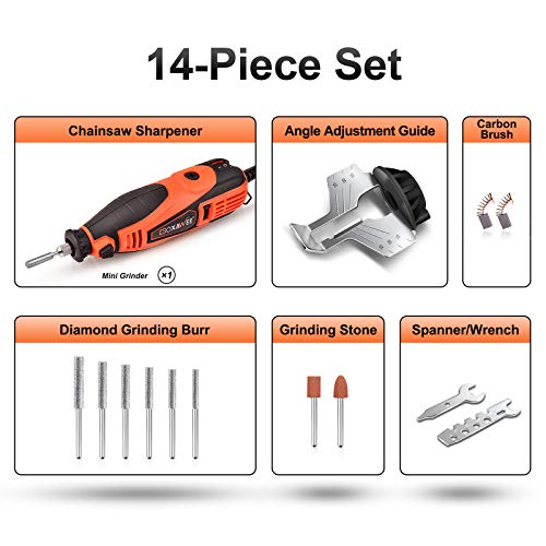 GOXAWEE Chainsaw Sharpener Kit 180W Power Chain Saw Sharpen Tool Set, Electric Blade Sharpening File Comes with 6pcs Diamond Sharpening Wheels, Angle Attachment (5 Speed Setting, 8000~35000 RPM)