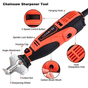 GOXAWEE Chainsaw Sharpener Kit 180W Power Chain Saw Sharpen Tool Set, Electric Blade Sharpening File Comes with 6pcs Diamond Sharpening Wheels, Angle Attachment (5 Speed Setting, 8000~35000 RPM)